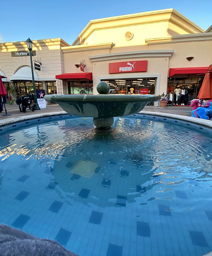A fountain that hypnotizes shoppers into brief moments of tranquility before the next round of deal-hunting begins.