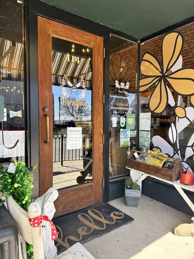 The wooden door with its cheerful "hello" mat – first impressions matter, especially when they're this charming.