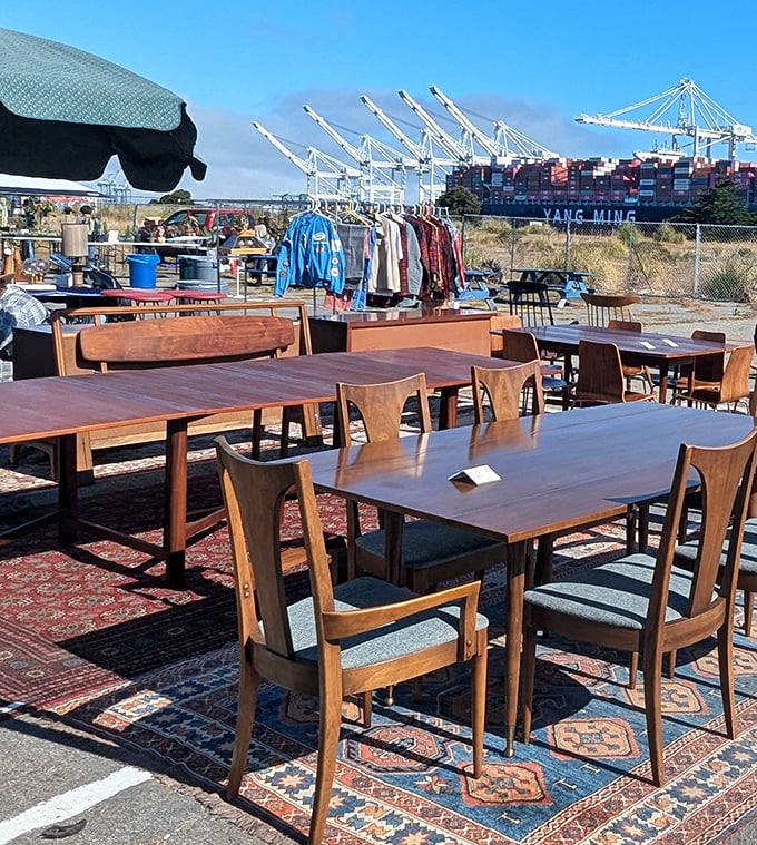 Mid-century dining sets bask in the California sun, each wooden chair silently waiting for its next dinner party conversation.
