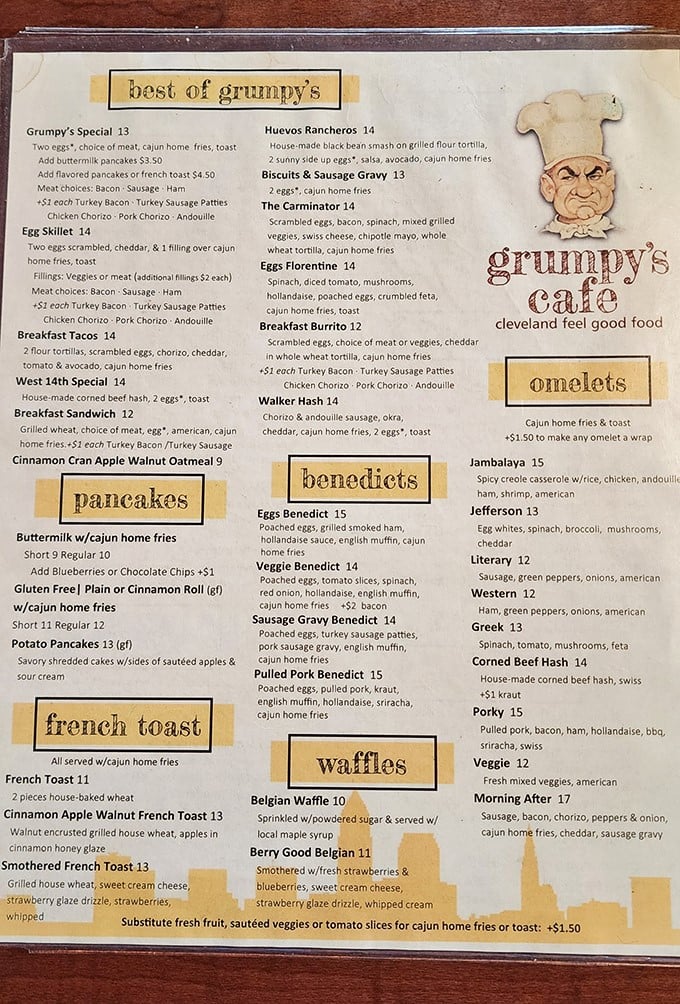 The menu that launched a thousand cravings. Grumpy's offerings read like a love letter to breakfast enthusiasts—comprehensive without being overwhelming, creative without being pretentious.