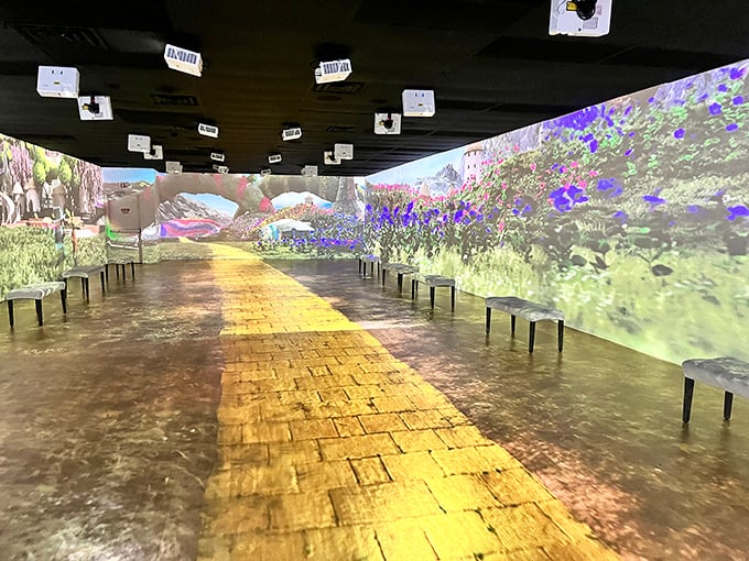 The immersive experience transforms ordinary hallways into extraordinary journeys, where digital sunflowers bloom along a golden path.