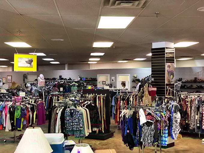 Rack after colorful rack of clothing stretches into the distance, like a fashionista's dream sequence where designer labels mingle with everyday finds.