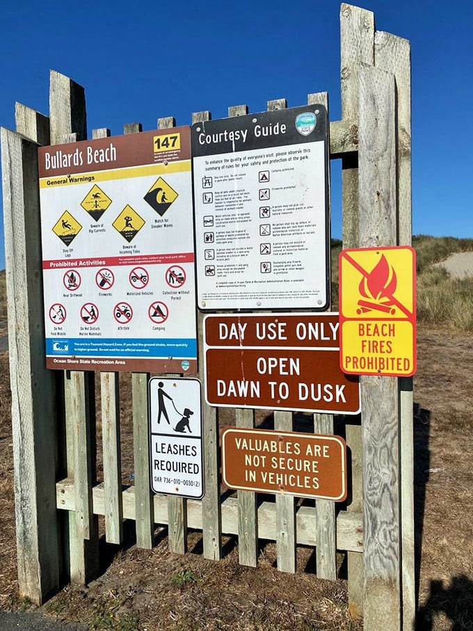 The world's most scenic list of rules. Even the "prohibited" signs look inviting when framed against that perfect Oregon sky.