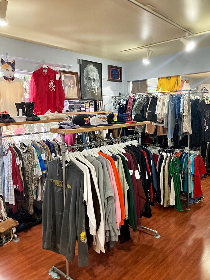 Einstein watches over a collection of vintage tees and jackets—because even genius needs a good wardrobe refresh occasionally.