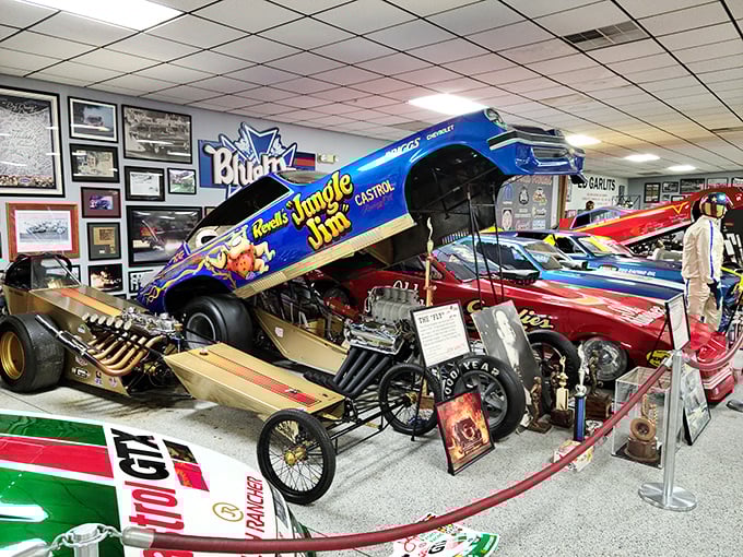Dragsters lined up like thoroughbreds at the Kentucky Derby, except these beauties measure their speed in quarter-miles, not furlongs.