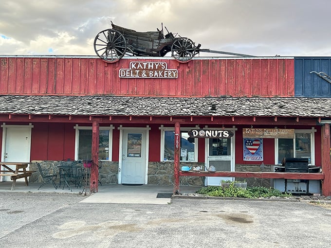 That old wagon wheel atop Kathy's isn't just decoration—it's a not-so-subtle hint that their donuts are worth traveling by horse and buggy for.