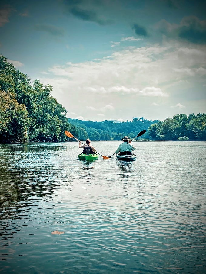 Two paddlers finding their rhythm on the James River's gentle current. Some therapy sessions don't require talking—just water and a paddle.