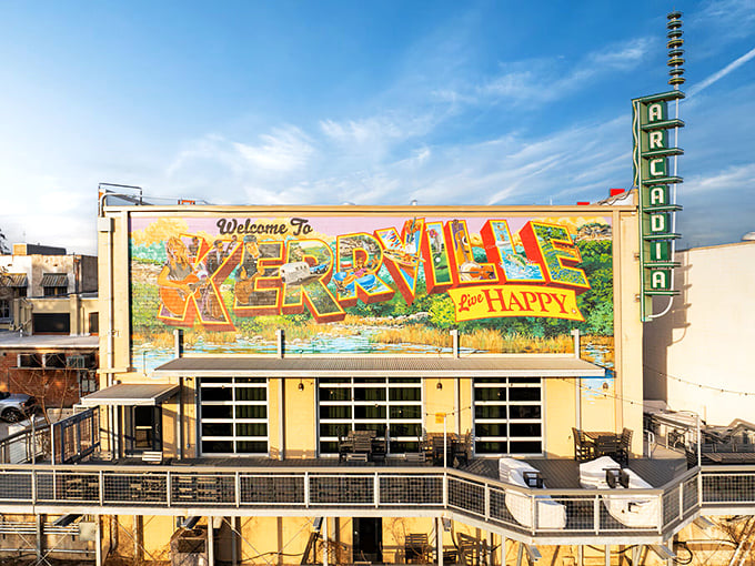 "Welcome to Kerrville, Stay Happy" – this vibrant mural captures the town's colorful spirit and serves as a perfect photo opportunity for visitors.