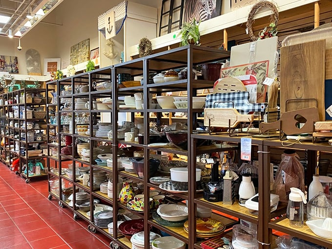 A metallic forest of kitchenware where every pot, pan, and serving dish awaits its second act in your culinary productions.