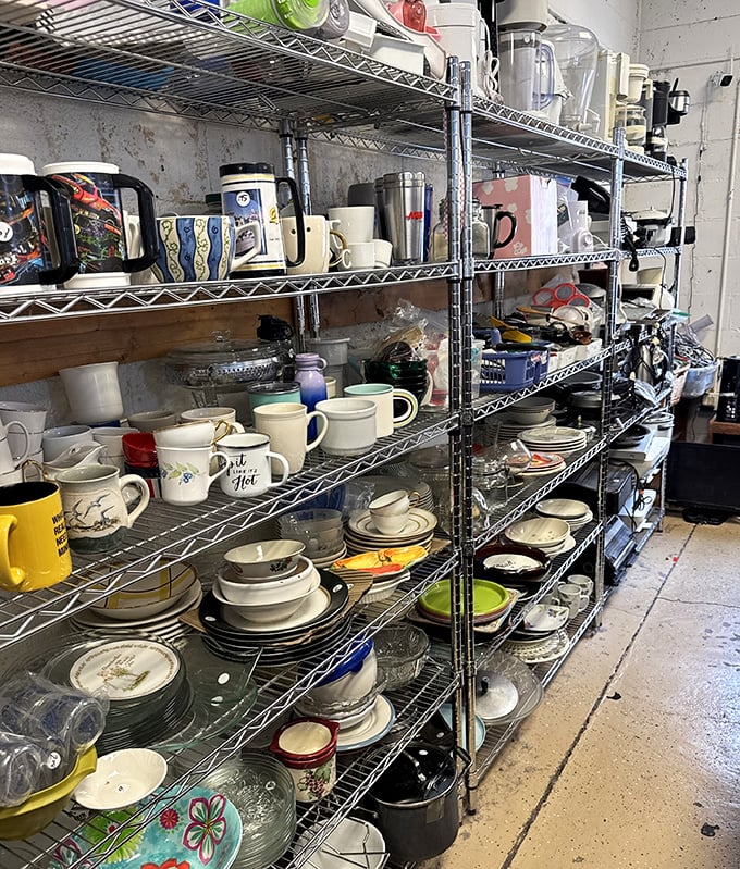 Shelves packed with dishes tell silent stories of family dinners past, just waiting for you to write their next chapter.