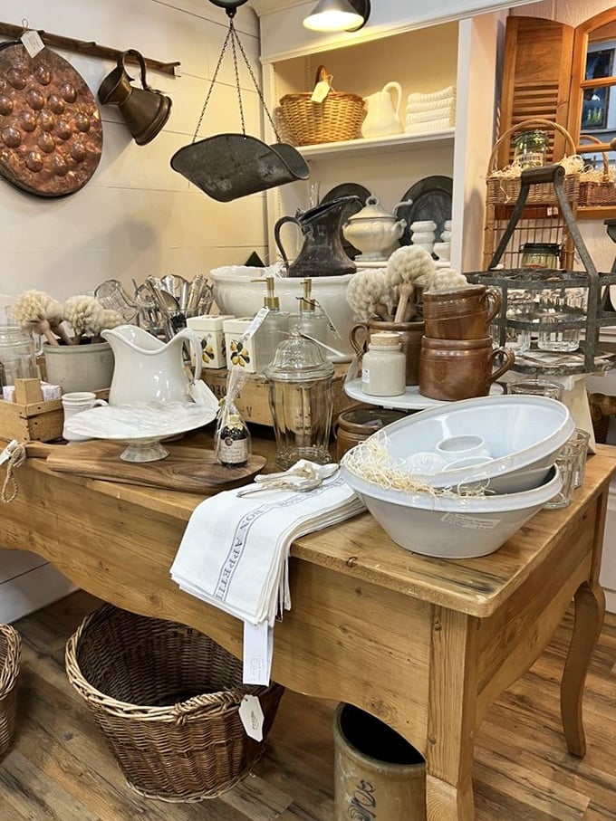 This farmhouse display could convince anyone to ditch their modern kitchenware. Those enamel bowls have stories to tell.