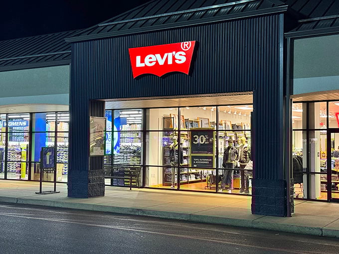 The iconic red Levi's batwing beckons like a lighthouse for denim enthusiasts. Inside lies the promised land of perfectly fitting jeans.