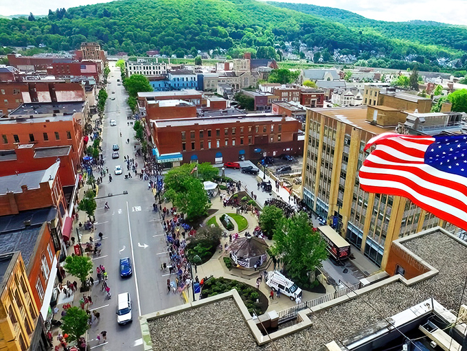 An aerial view of downtown Bradford reveals the perfect small-town layout—where rush hour means waiting behind three cars at the stoplight.