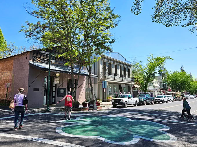 The frog-shaped street painting hints at the town's famous jumping frog legacy, immortalized by Mark Twain's celebrated short story.