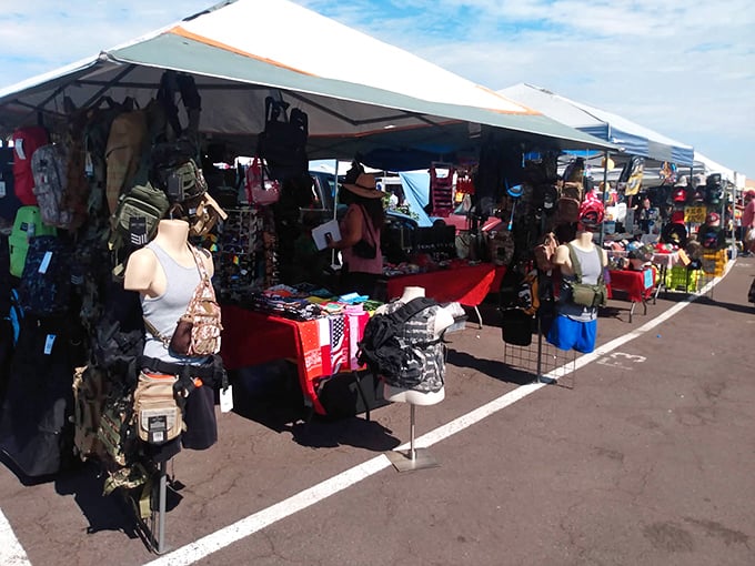 Fashion finds await under canvas canopies. One person's closet cleanout becomes another's statement piece—the circle of retail life in action.