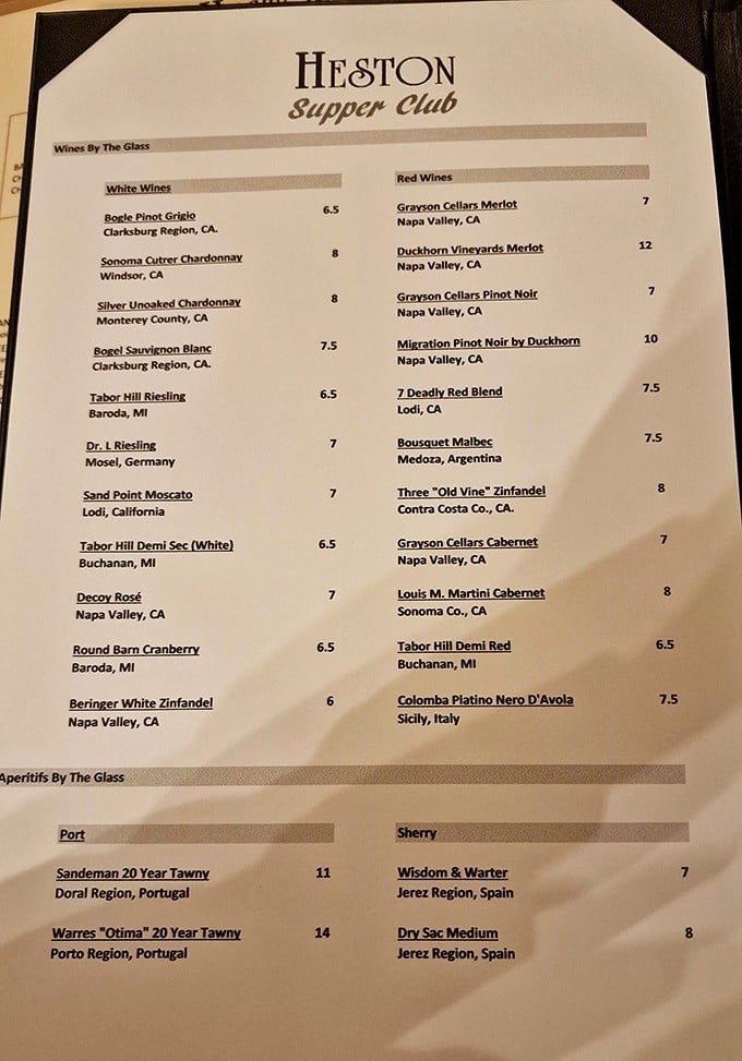 A wine list that speaks fluent "relaxation"—from California Chardonnays to Portuguese ports, each glass promising to enhance your supper club sojourn.