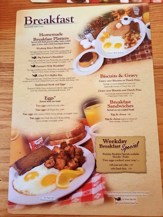 This breakfast menu isn't messing around—it's serious comfort food territory. The "Working Man's Breakfast" could fuel a day of barn-raising.