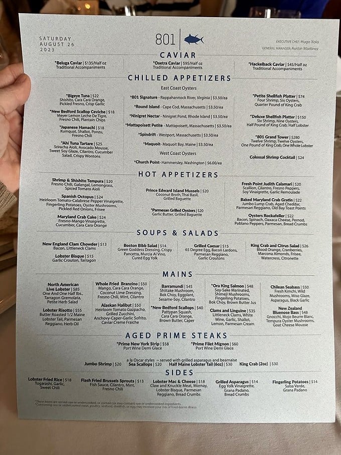 This menu isn't just a list of dishes—it's a maritime treasure map where X marks the spot for everything from Bigeye Tuna to King Crab.