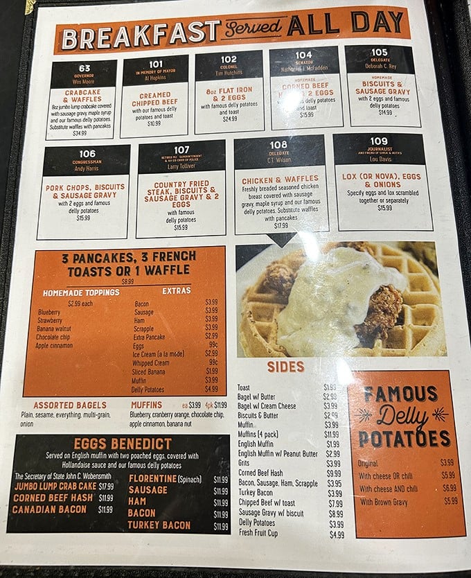 This isn't just a menu—it's a political roster. Each breakfast specialty named after Maryland dignitaries proves democracy tastes delicious with eggs.