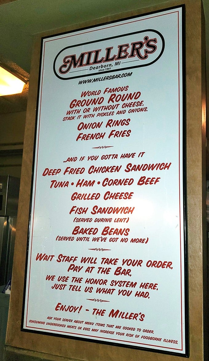 A menu so straightforward it's practically poetry – ground round, onion rings, and an honor system that restores your faith in humanity.