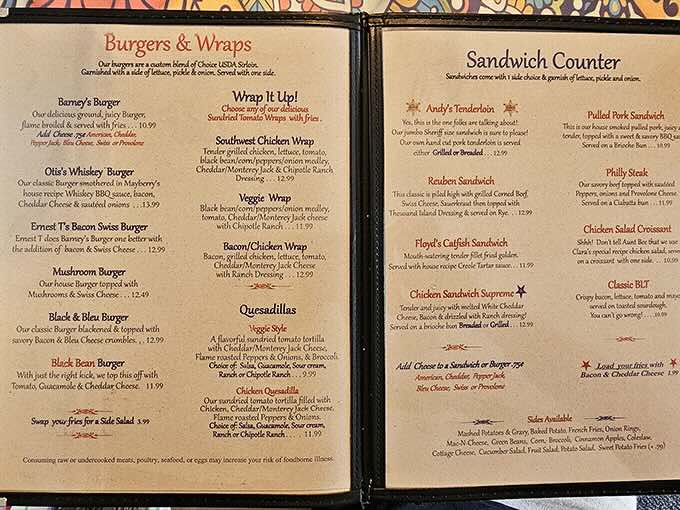 The menu reads like a who's who of Mayberry characters—Barney's Burger, Aunt Bee's Tenderloin, and Floyd's Catfish Sandwich star in this edible tribute to simpler times.