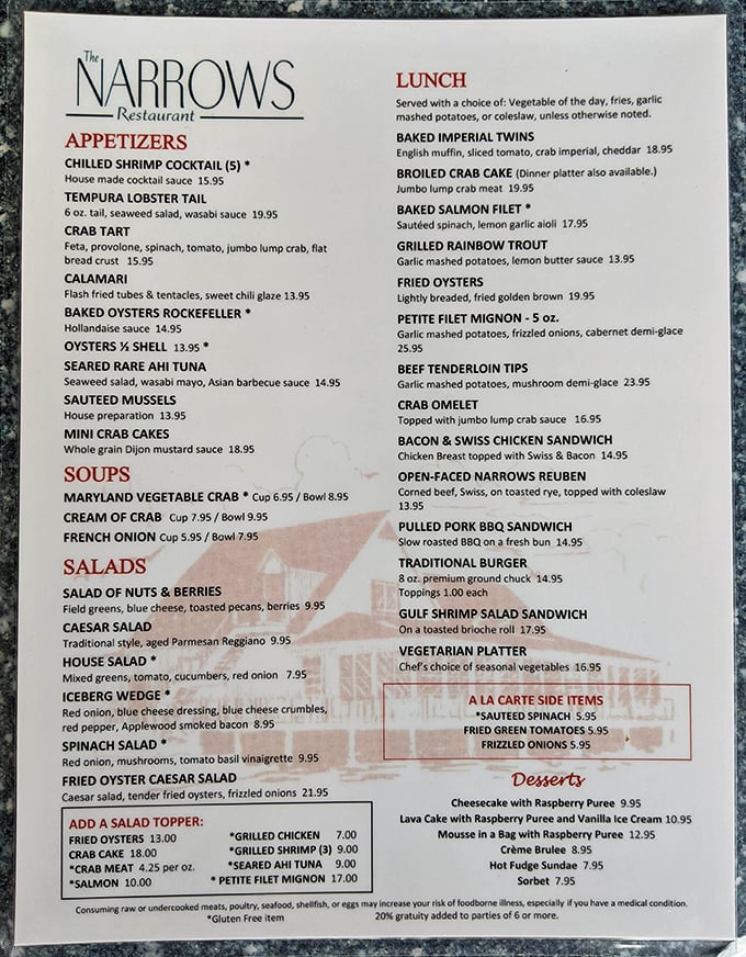 A menu that reads like a love letter to the Chesapeake. Choosing between these seafood treasures is like picking a favorite child—theoretically possible but emotionally impossible.