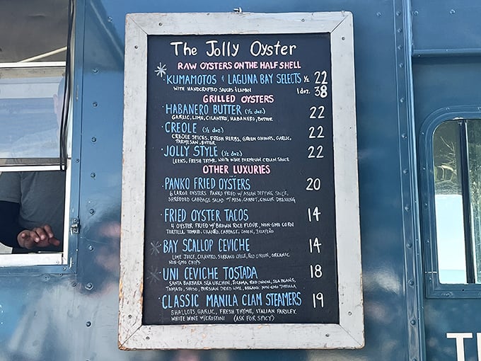 This chalkboard menu reads like poetry to seafood lovers. Kumamoto oysters, habanero butter grilled treasures, and "other luxuries" that live up to their billing.