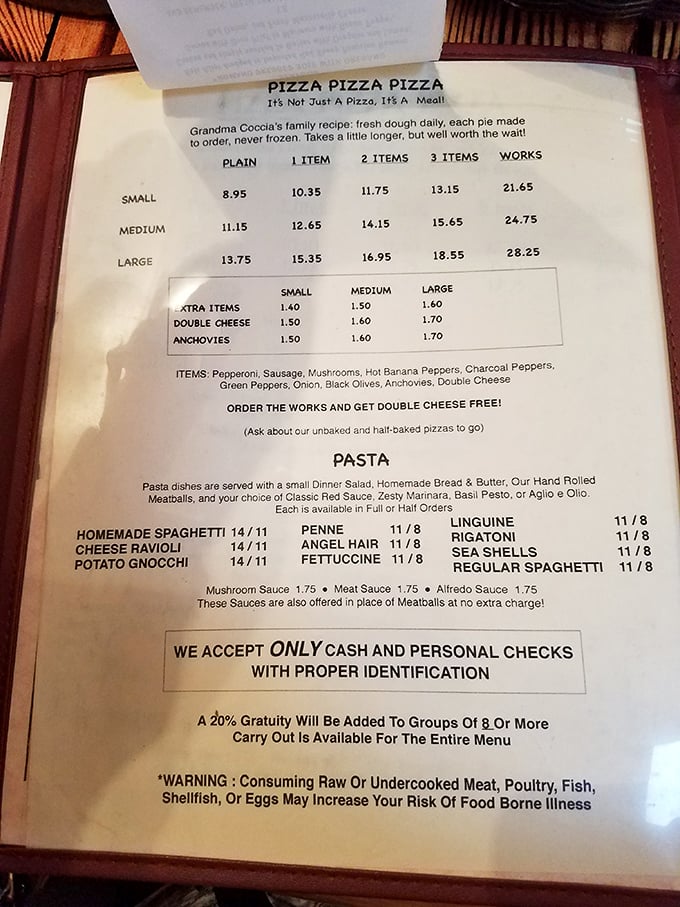 Sometimes the best menus are the simplest ones – fresh dough daily, generous portions, honest pricing perfection.
