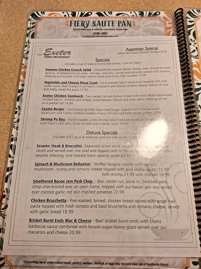 The menu reads like a love letter to American comfort cuisine, promising culinary adventures on every page.