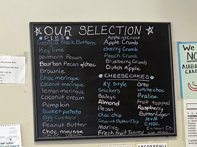 The chalkboard menu reads like a dessert lover's bucket list – from Georgia Black Bottom pie to Butterfinger cheesecake, it's decision-making at its most delicious.