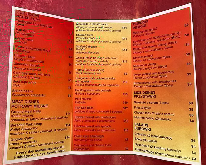 This menu isn't just a list of dishes—it's a passport to Poland, complete with pronunciation guides for the culinarily adventurous.