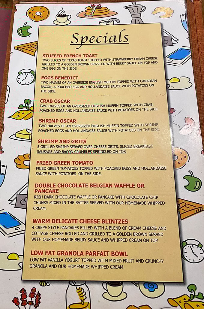 This menu reads like a love letter to breakfast enthusiasts. The shrimp and grits description alone is enough to make your stomach growl.