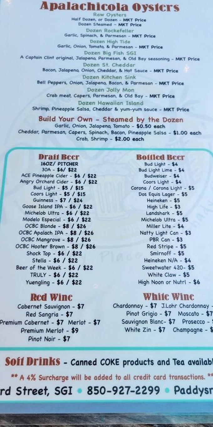 The menu reads like poetry to seafood lovers—Apalachicola oysters prepared a dozen delicious ways, each one a tiny taste of the Gulf.