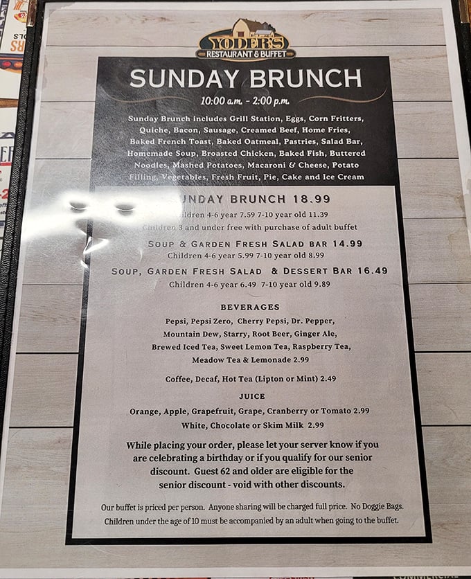 Sunday Brunch at Yoder's reads like a comfort food manifesto – corn fritters, creamed beef, and homemade pie all on one glorious menu.