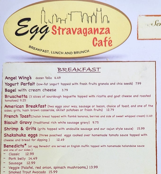A menu that reads like breakfast poetry—where "Shakshuka eggs" and "Smoked Trout Avocado Benedict" share space with classics that would make your grandmother nod in approval.