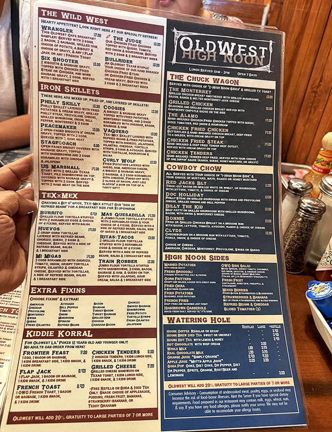 This isn't just a menu—it's a Wild West adventure map where every dish name promises a story and your stomach gets to be the hero.