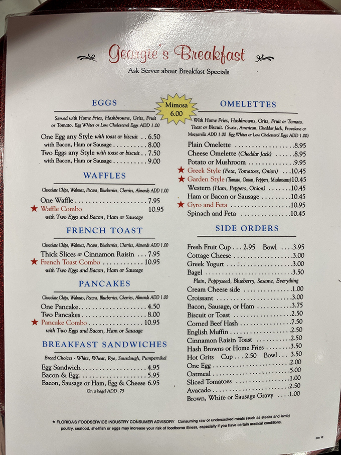 Breakfast served all day—four words that should be inscribed on the Mount Rushmore of culinary achievements. Georgie's menu delivers classic diner fare with Greek influences.