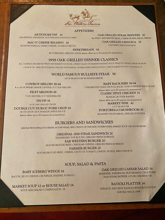This isn't just a menu—it's a declaration of delicious intent. The "World Famous Bullseye Steak" isn't bragging if it's true.