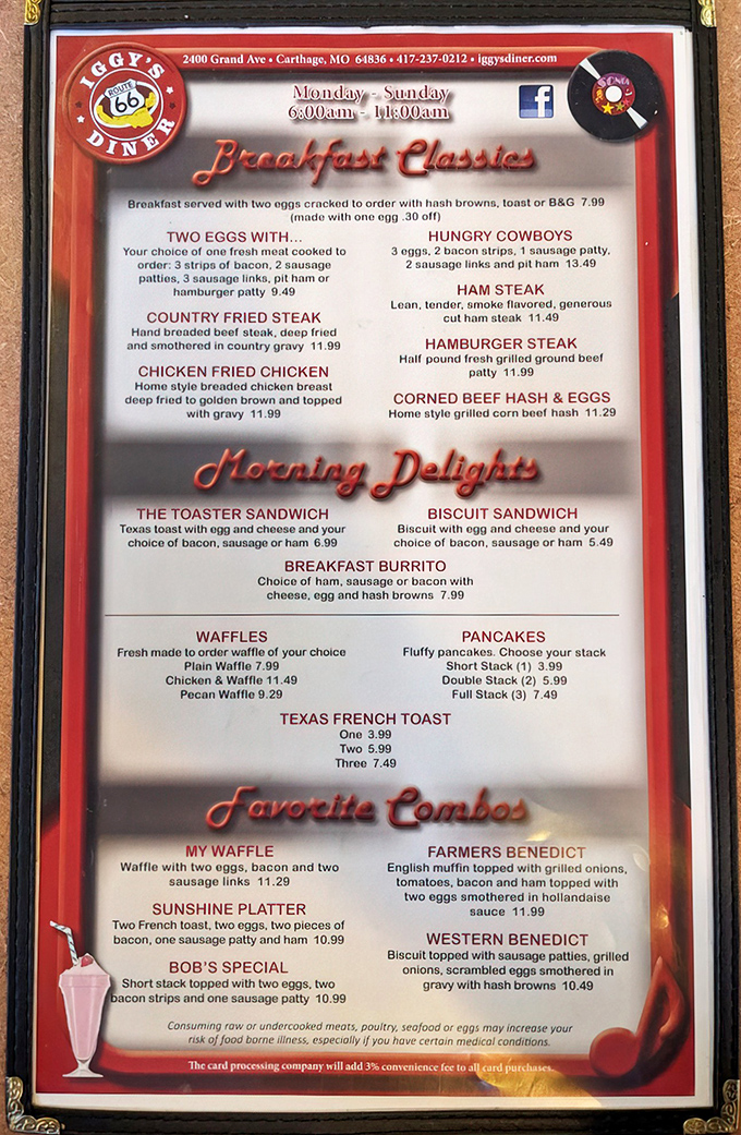The breakfast menu reads like a love letter to morning indulgence. "Hungry Cowboys" isn't just a meal—it's a challenge wrapped in bacon and eggs.