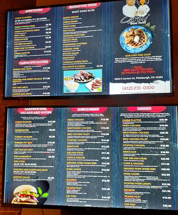A menu that reads like a love letter to Southern cuisine – each item promising the kind of satisfaction that makes you want to hug the chef.