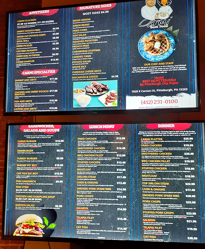 A menu that reads like a love letter to Southern cuisine – each item promising the kind of satisfaction that makes you want to hug the chef.