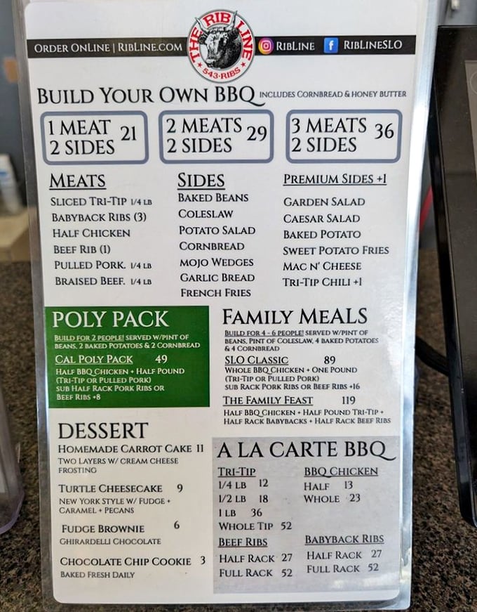 A menu that reads like poetry to carnivores. This isn't just ordering food—it's architecting your own personal meat masterpiece, complete with cornbread foundation.