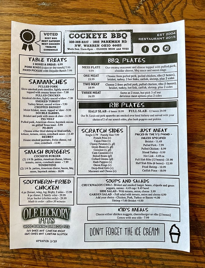 A menu that cuts straight to the chase—no fancy descriptions needed when the food speaks this loudly. The "Don't Forget The Ice Cream!" reminder is life advice worth following.