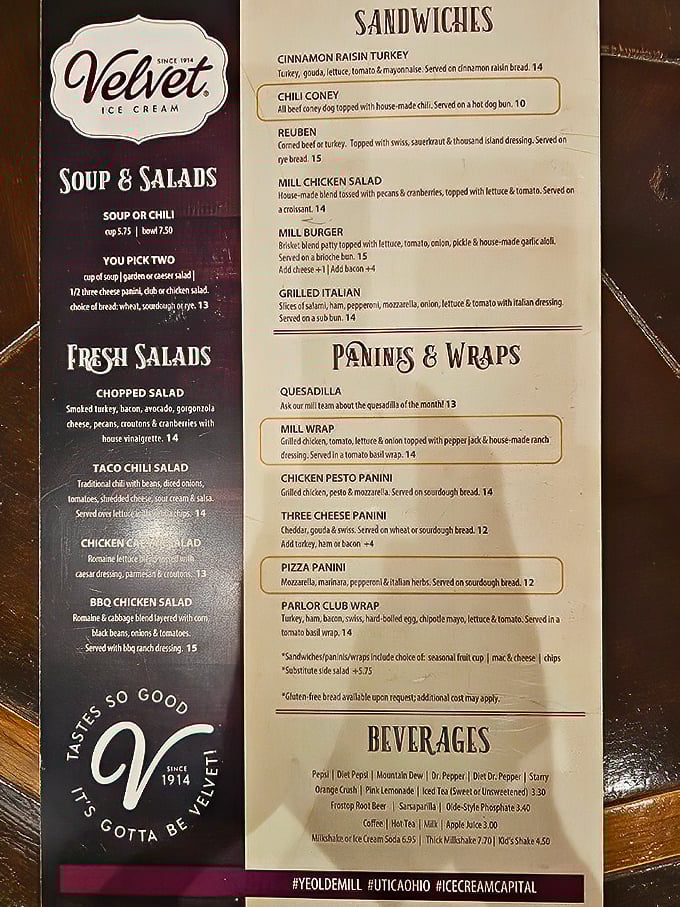 A menu that reads like a love letter to comfort food—sandwiches, salads, and ice cream specialties that make decision-making deliciously difficult.