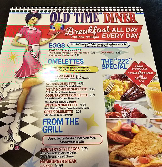 This menu isn't just a list of food—it's a roadmap to happiness, complete with a roller-skating waitress who's been serving smiles since before color TV.