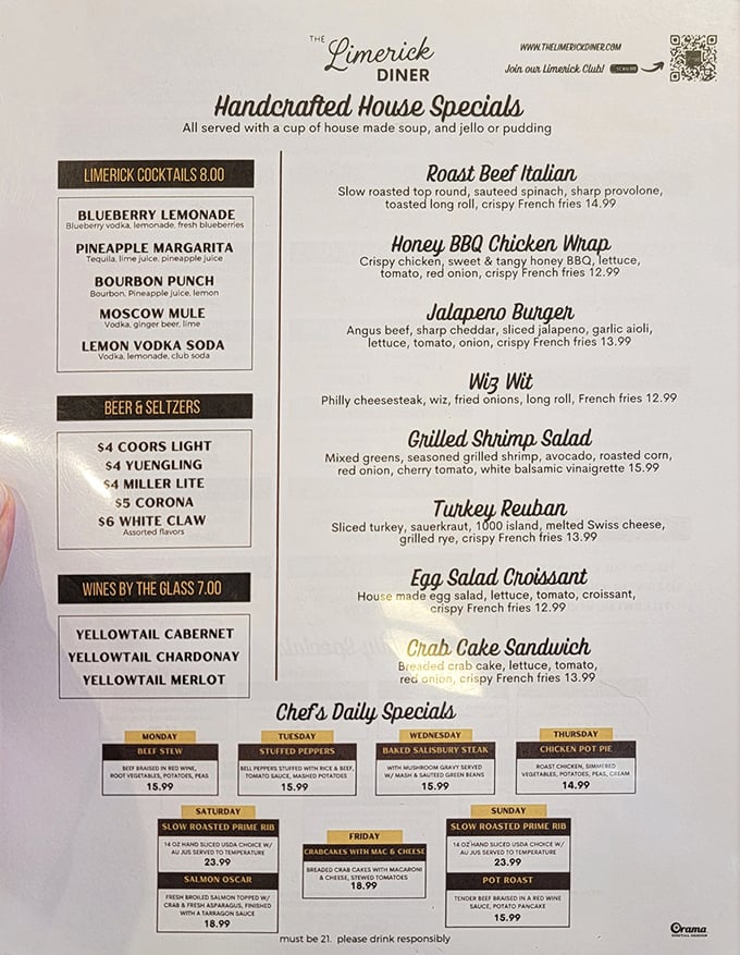 A menu that reads like a love letter to comfort food, where cocktails and prime rib share equal billing with breakfast classics.