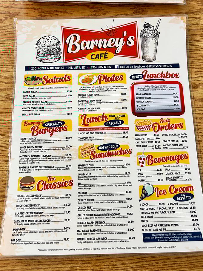 This menu isn't just food – it's a roadmap to happiness. The Barney Burger beckons like an old friend calling you home.