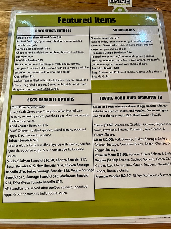This menu isn't just a list of food—it's a roadmap to happiness. The Benedict options alone could keep you coming back for weeks.