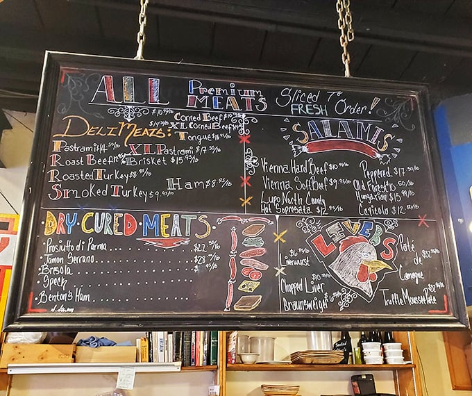 This chalkboard menu isn't just information—it's a roadmap to happiness. Each chalky promise of pastrami and corned beef is a doorway to sandwich nirvana.