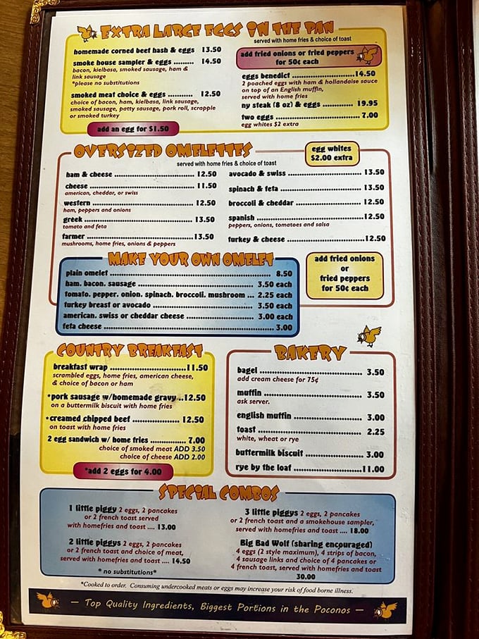 A menu that doesn't need fancy fonts or chef biographies—just straightforward breakfast glory with "Biggest Portions in the Poconos" as a solemn oath.